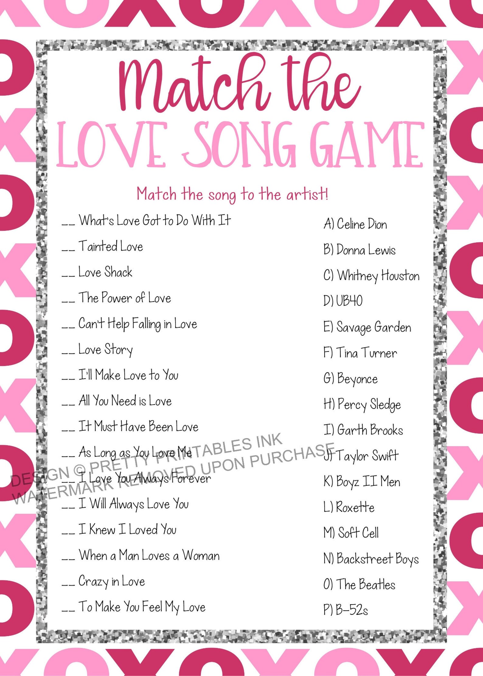 Match the Love Song Game, Bridal Shower Game, Engagement Party Game ...