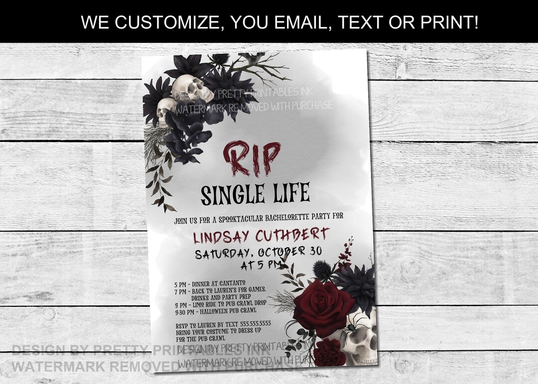 Halloween Bachelorette Invitation: RIP Single Life With Gothic Skulls ...