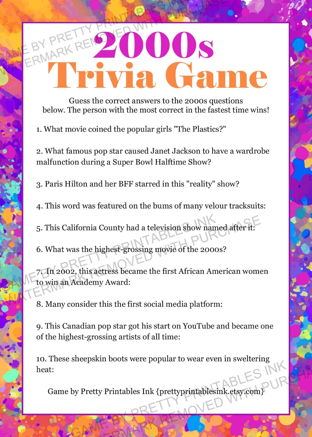 2000s Trivia Game Printable, 2000s Party Game, Girls Night in Game, Y2K ...