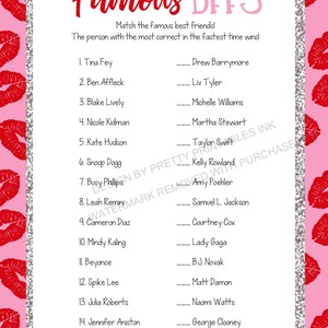 Girls Night Games Instant Download, Chick Flick Game, Famous Bffs Game ...