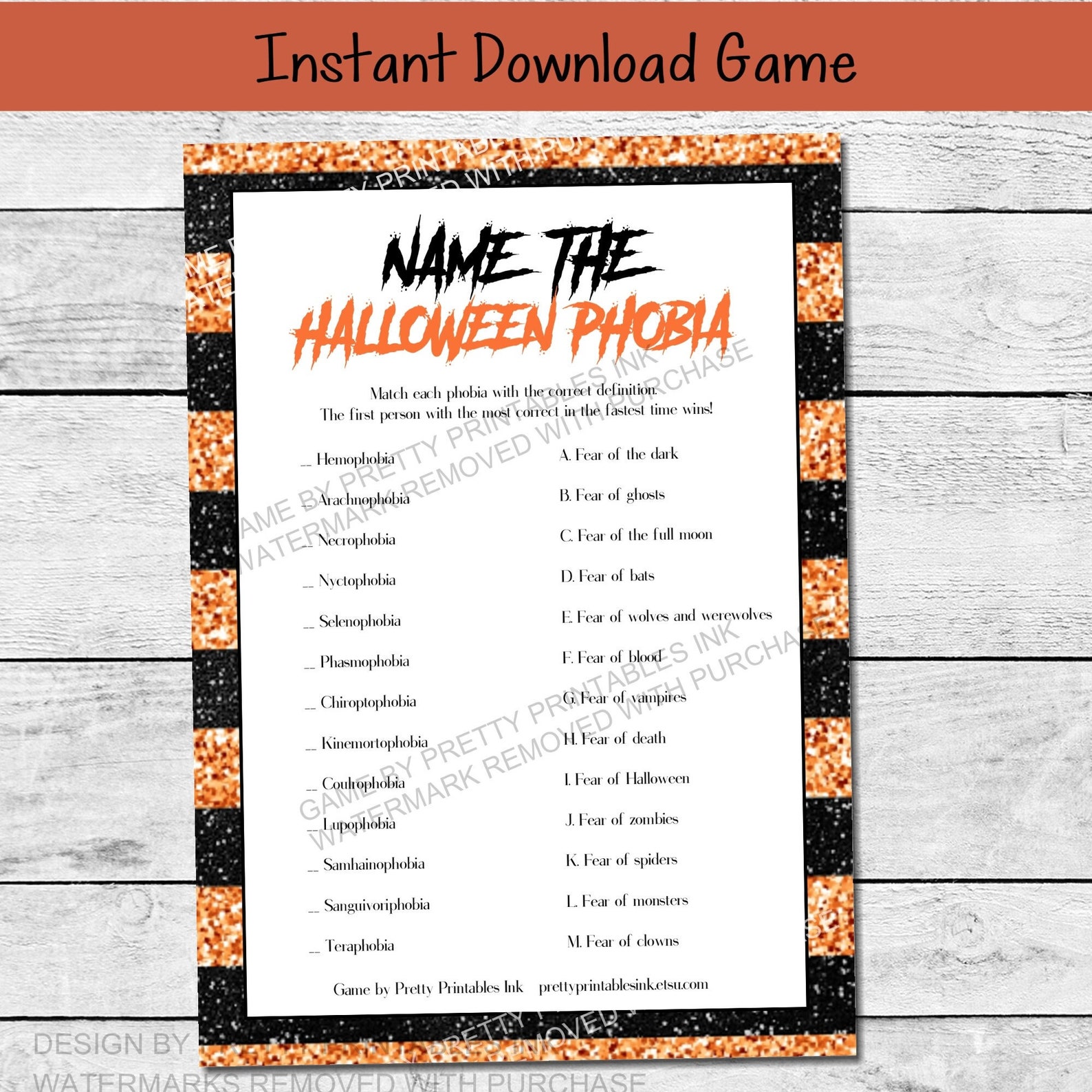 Halloween Party Game - Name That Phobia Trivia, Glitter Stripes (PDF ...