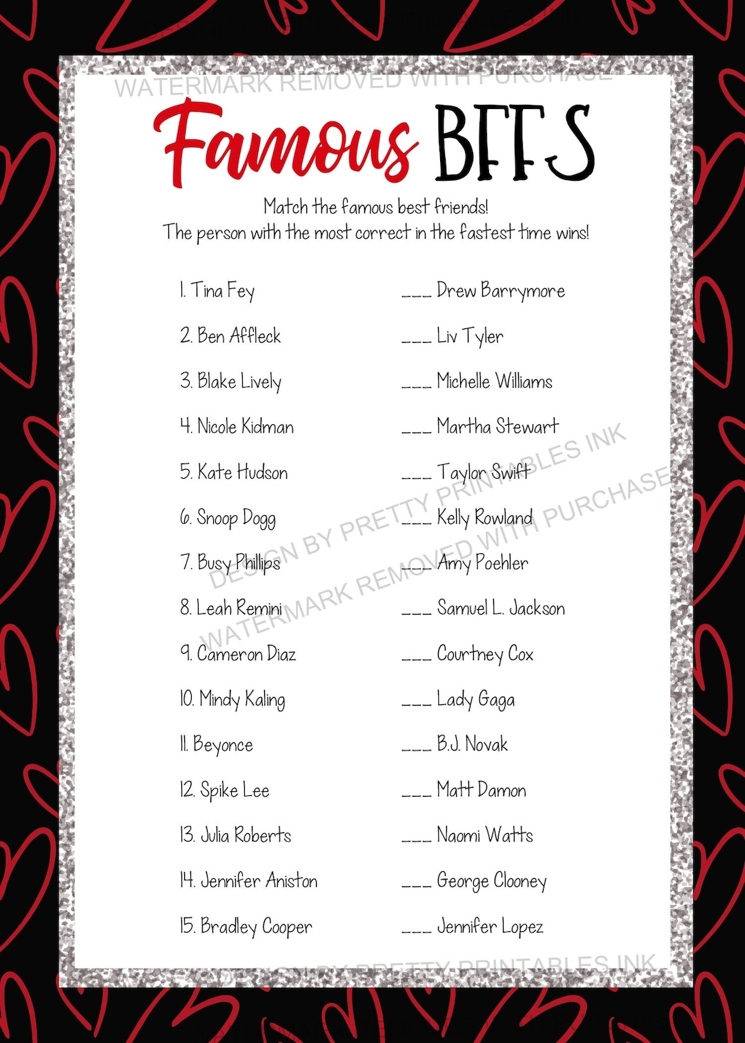 Valentine's Day Game: Famous Bffs Matching Quiz (printable) - Etsy
