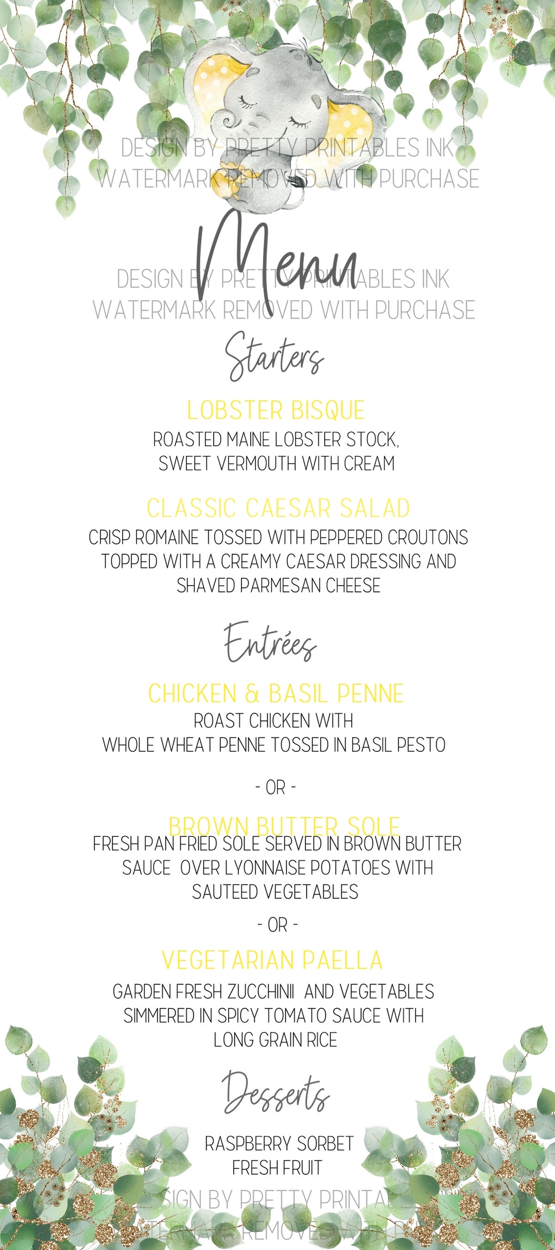 Safari Baby Shower Menu Card Printable Elephant Baby Shower | Etsy Canada