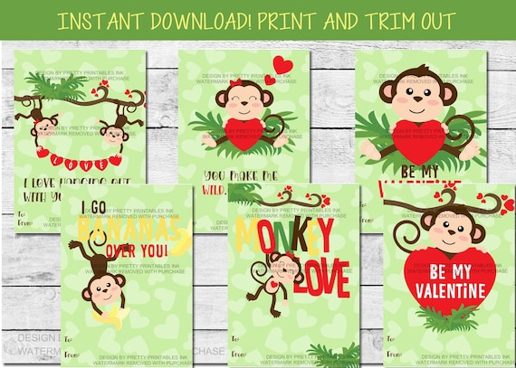 Monkey Valentines Cards Printable, Kids Valentines Cards, Classroom ...
