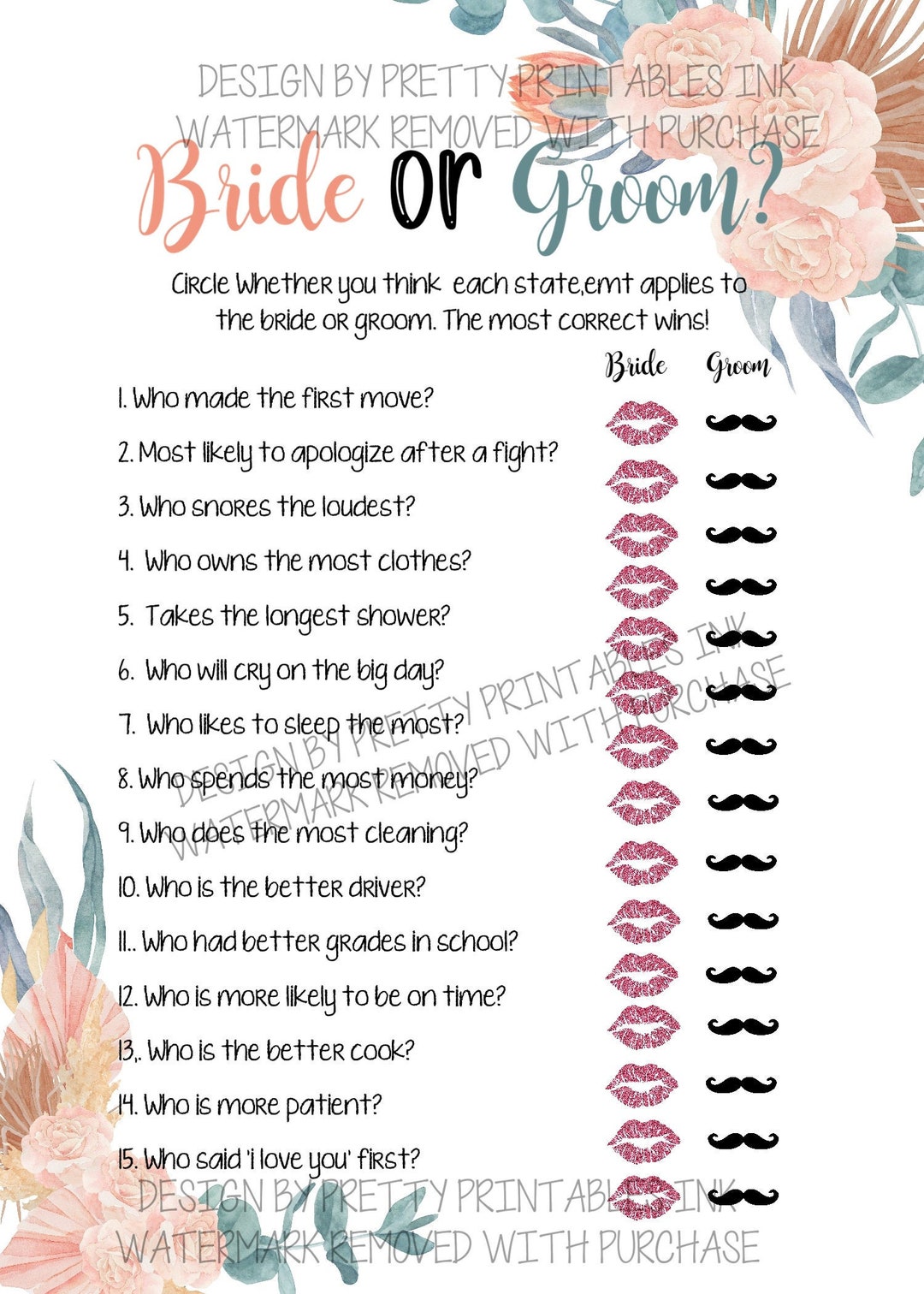 Who Knows the Couple Best Game, Greenery Botanical Bride or Groom Game ...