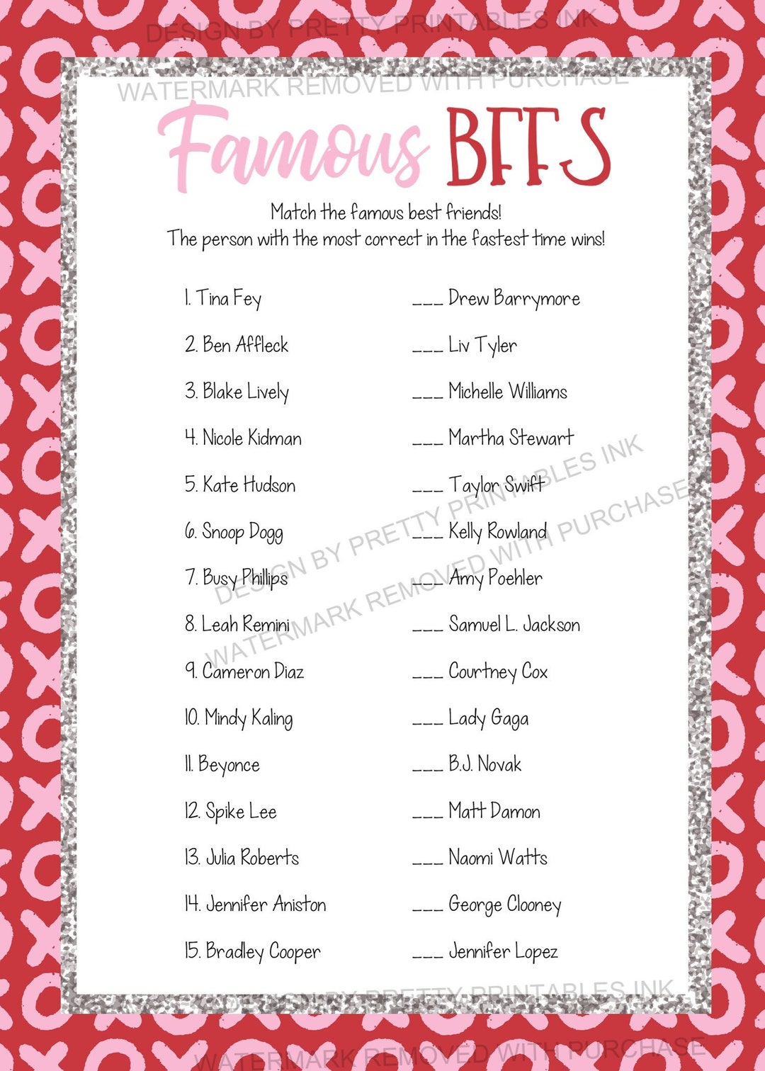 Printable BFF Matching Game, Famous Besties Game, Birthday Party Game ...