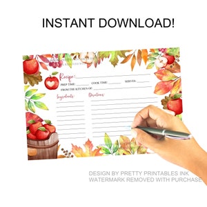 Printable Recipe Card | Fall Recipe Card | Blank Recipe Card | Bridal ...