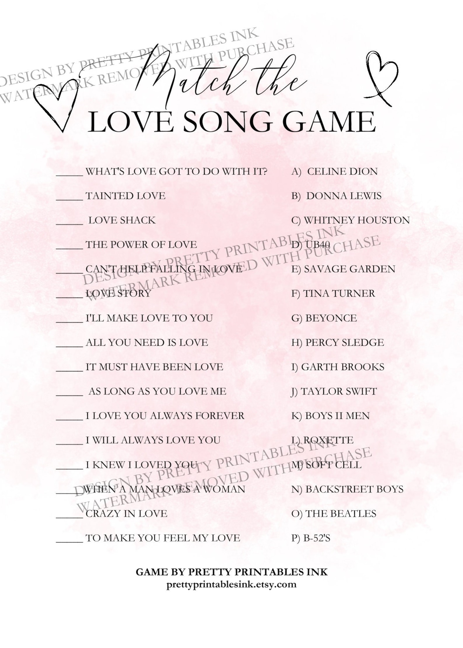 Bridal Shower Game Printable, Love Song Game, Blush Bridal Shower Games ...