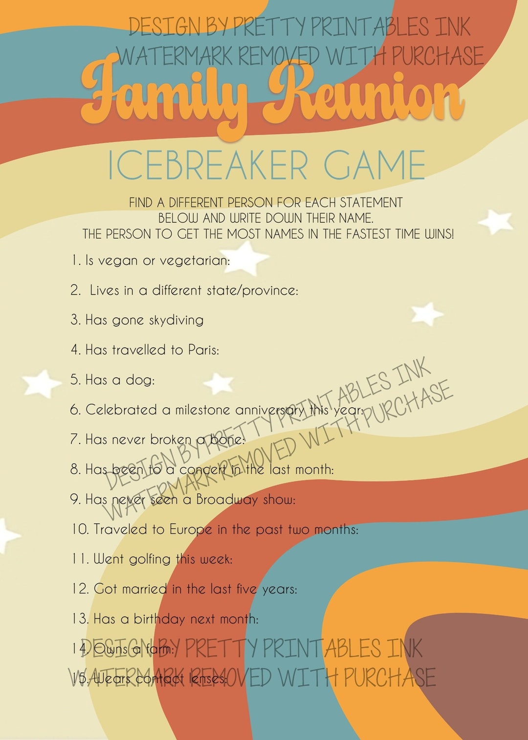 Family Reunion Game Printable, Reunion Icebreaker Game, Groovy Retro ...