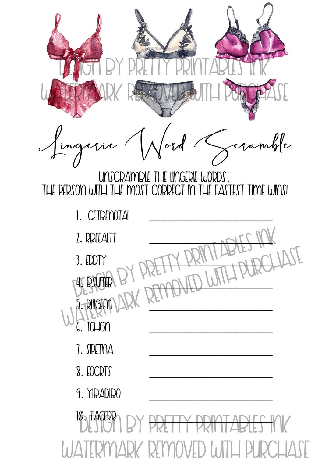 Lingerie Shower Game Lingerie Bridal Shower Game Lingerie Party Game