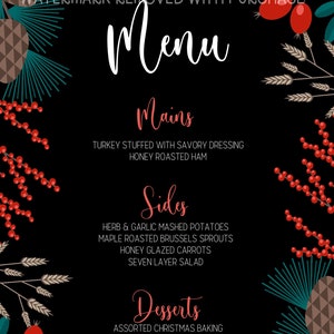 Modern Christmas Menu With Berries, Greenery and Pinecones, Christmas ...