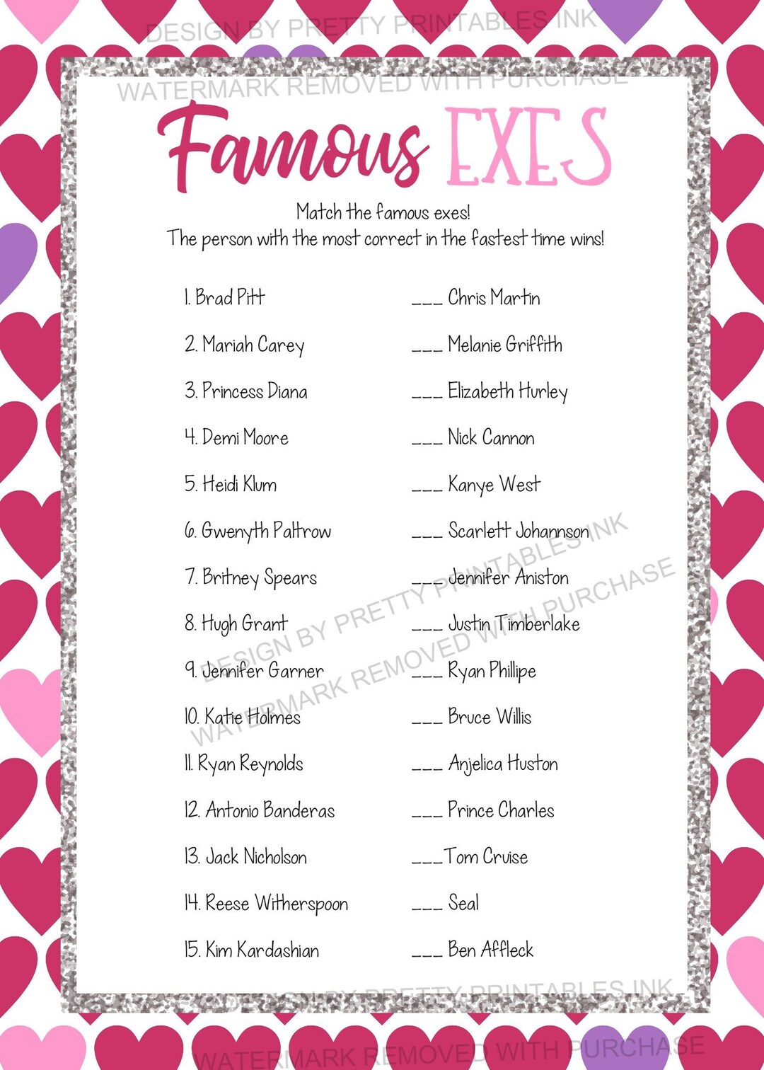 Famous Exes Divorce Party Game: Printable Breakup Game (PDF) - Etsy UK