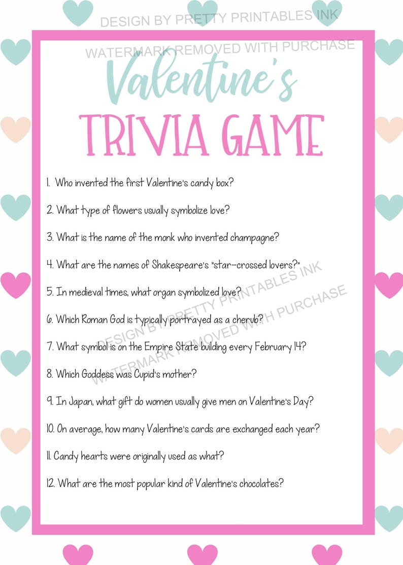Valentine's Day Games Printable, Valentine's Day Trivia Game, Valentine ...