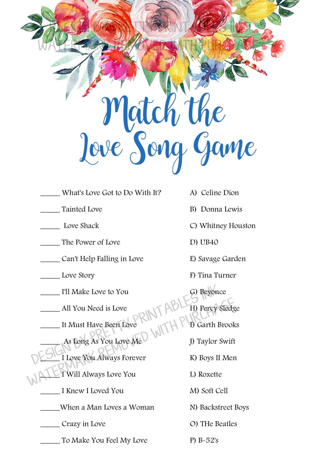 Love Song Game, Match the Love Song Game, Bridal Shower Game, Wedding ...