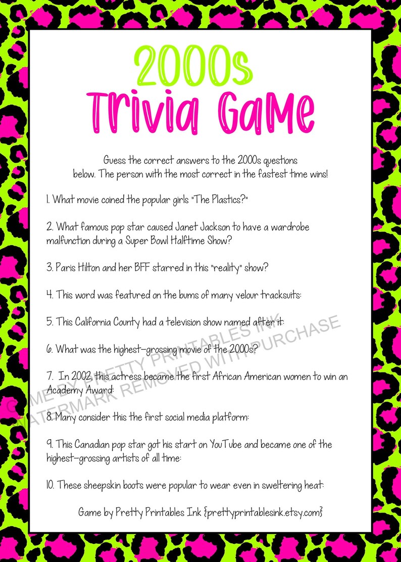 2000s Trivia Game Printable Y2K Party Game Girls Night - Etsy