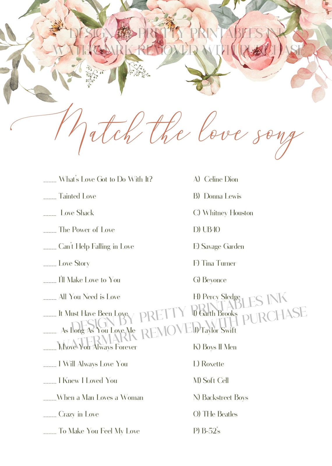 Love Song Game Printable Match the Love Song Game Instant - Etsy