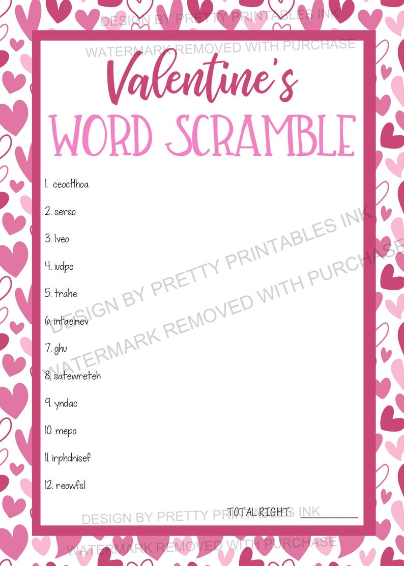 Valentine Word Scramble Printable - Kids Valentine's Day Games ...