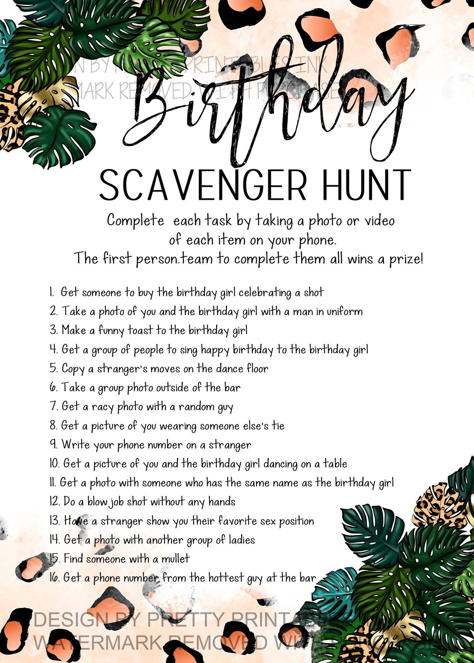Printable Adult Scavenger Hunt Game | Adult Birthday Scavenger Hunt ...