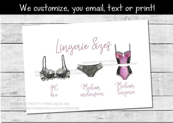 Printable Lingerie Size Card Lingerie Size Insert Bride s 