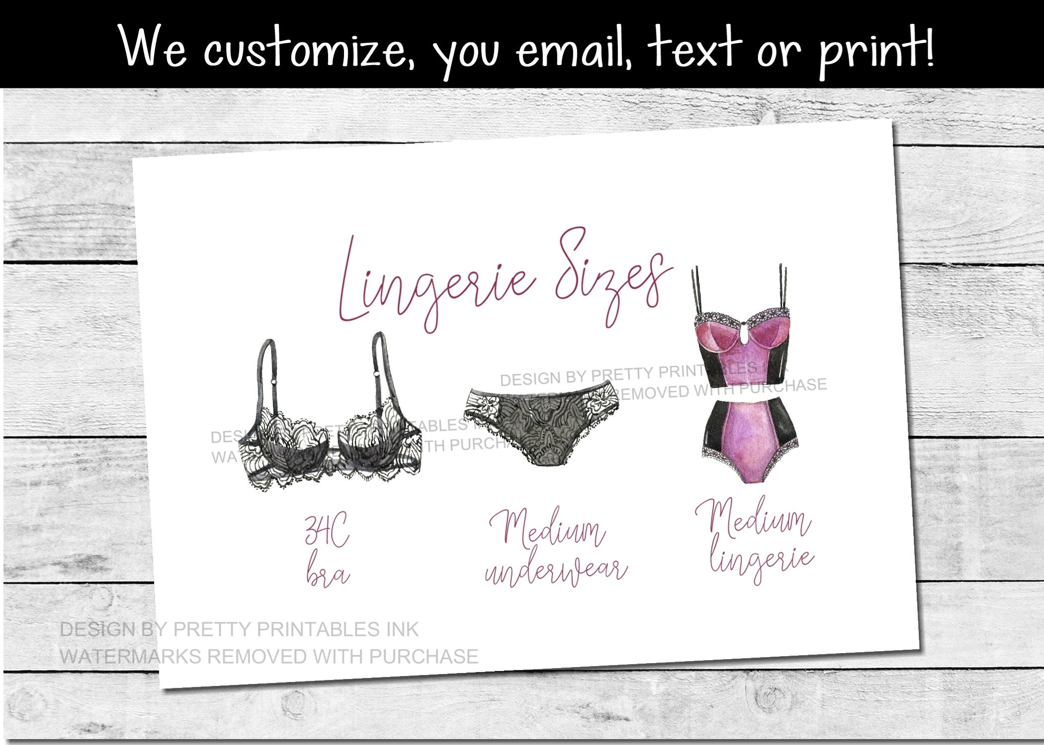 Invitations Lingerie Insert Card Bra Panty Size Card for Lingerie ...