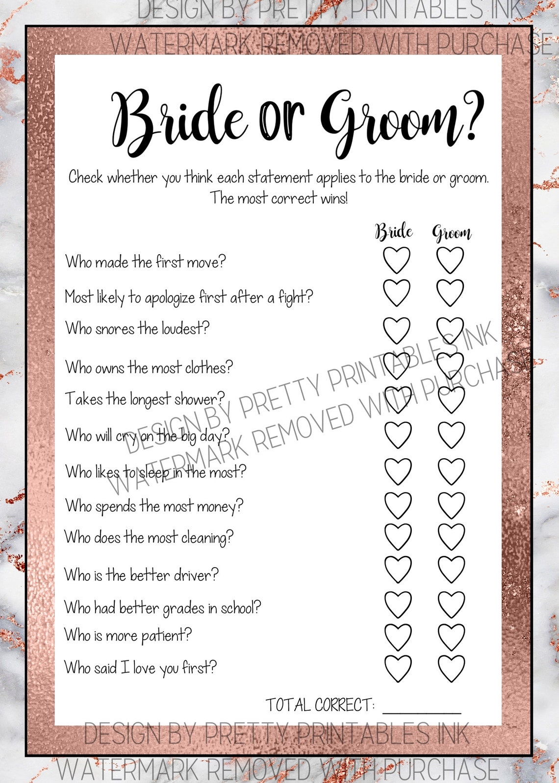 Bridal Shower Game Couples Shower Game Bride and Groom Game | Etsy