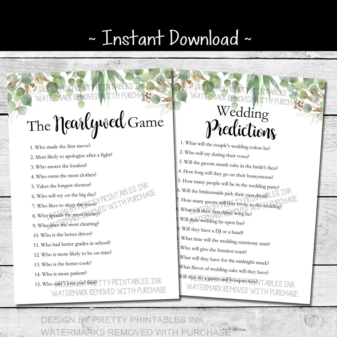 Engagement Party Games Bundle - Greenery Nearlywed Game and Wedding Predictions Game, Engagement ...
