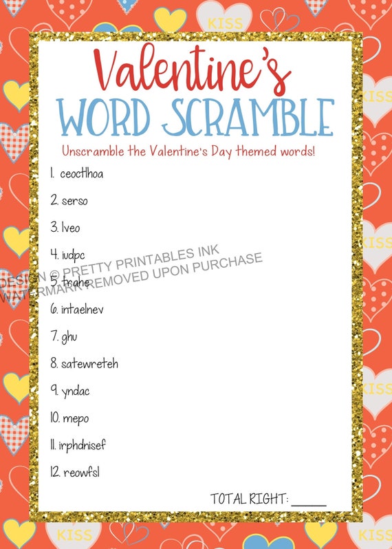 Printable Valentine's Day game, Valentines Word Scramble Game ...