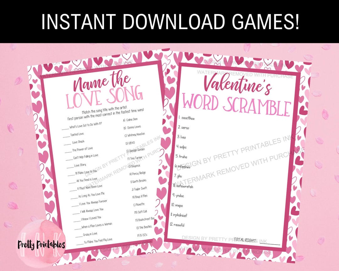 Printable Valentine's Party Games - Love Song Match and Valentines Word ...