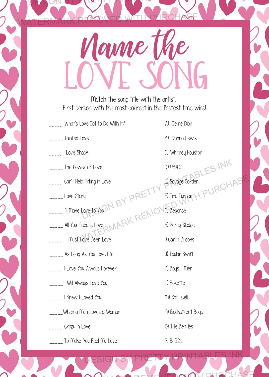 Valentine's Day Love Song Game Printable, Galentine's Party Activity ...