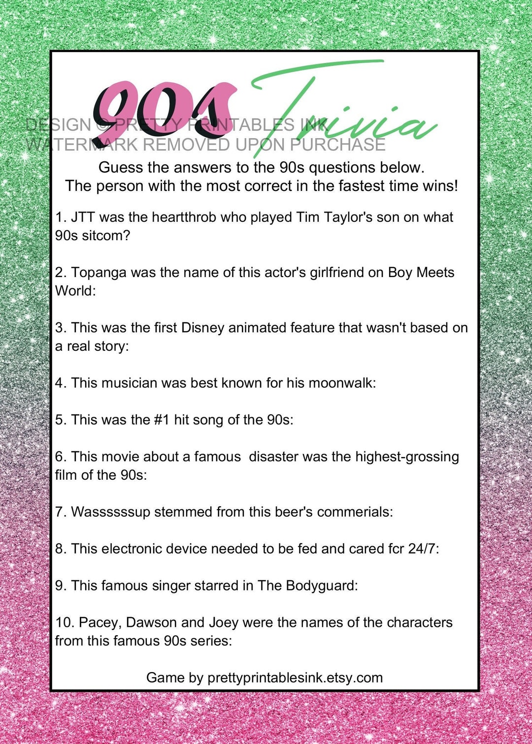 90s Trivia Game Printable | Girls Night Game | 90s Party Game | 90s ...
