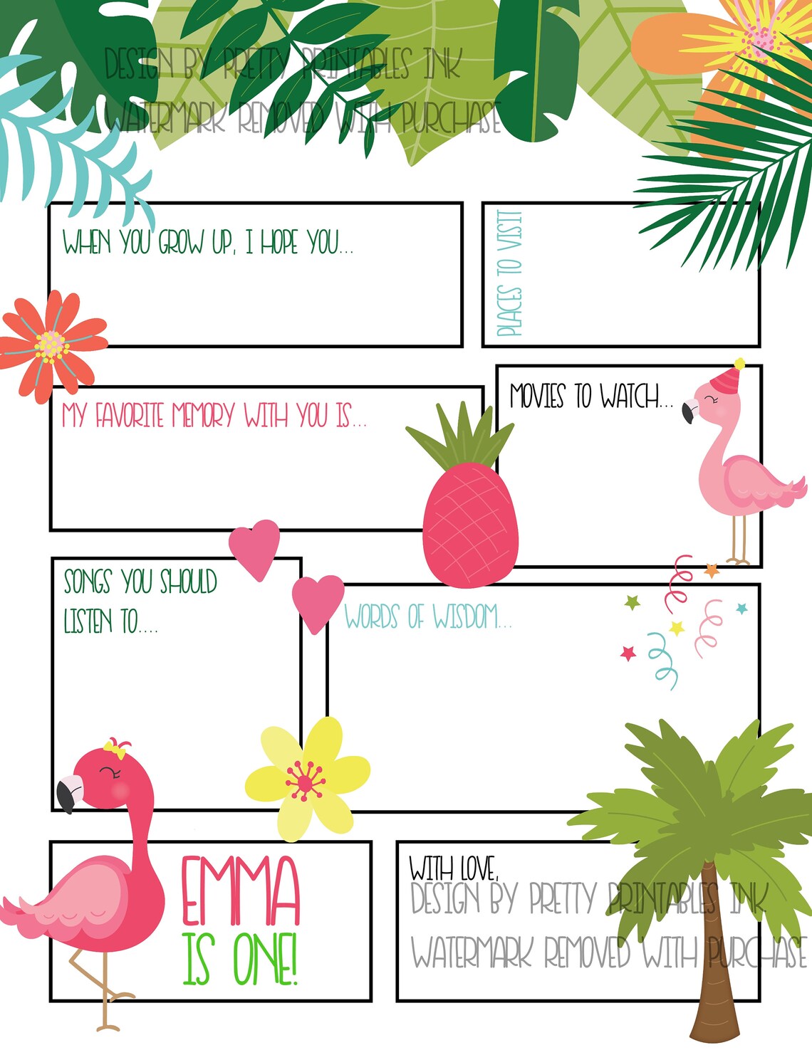Flamingo First Birthday Time Capsule Sign and Card Printable - Etsy