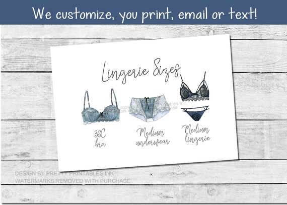 Lingerie Size Card Printable Lingerie Size Insert Bride s 
