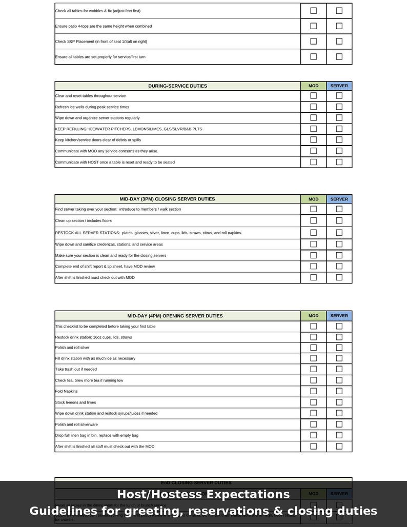 Restaurant Side Work Checklist – Server, Host, Assistant (editable ...