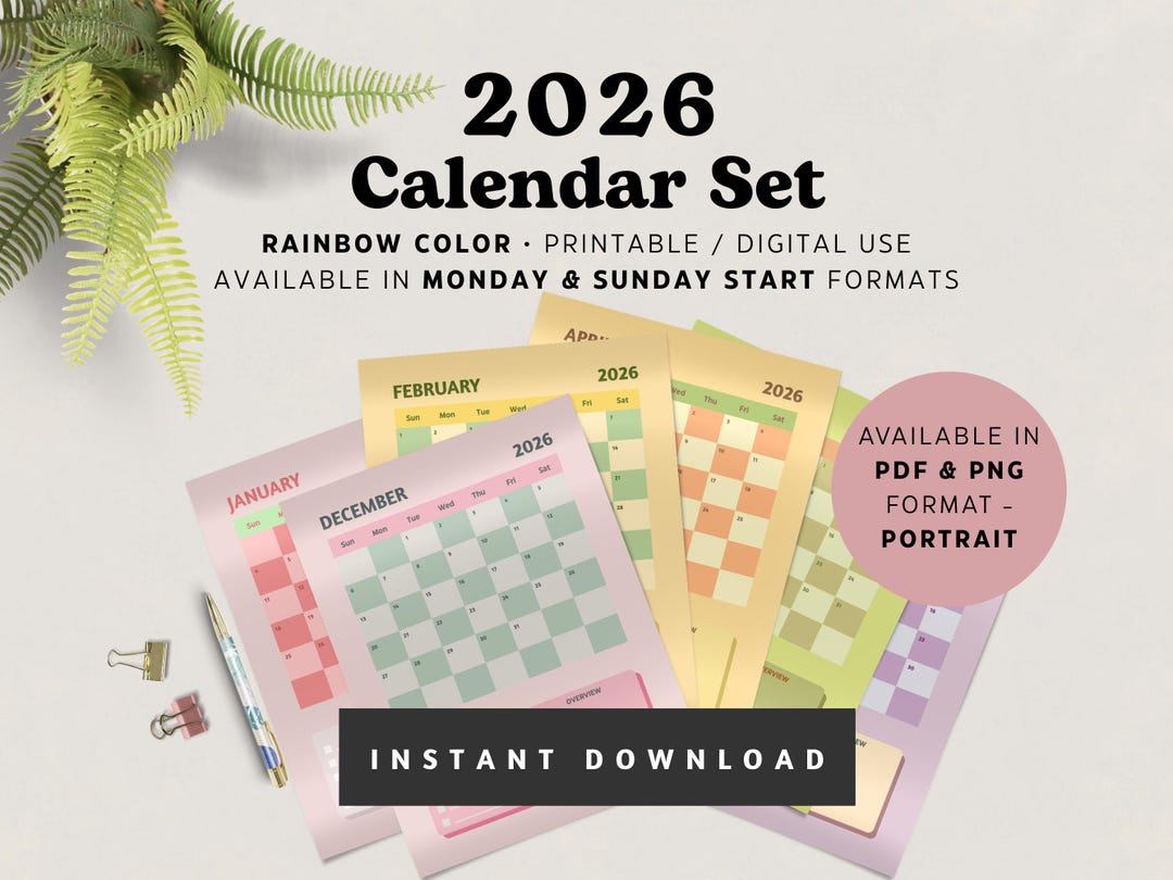 Pastel Rainbow 2026 Calendar Set | Printable Planner, Colorful Monthly ...