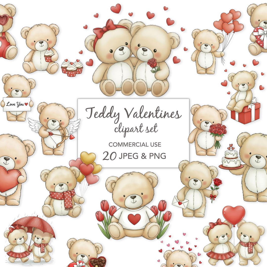 20 Valentine Teddy Bear Clipart Set, Cute Teddy Bears PNG, Love ...