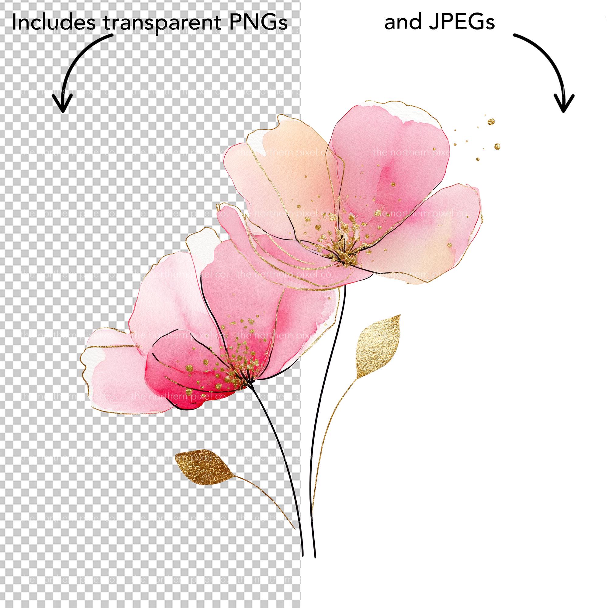 9 Pink & Gold Flowers Clipart, Minimalist Flower PNG, Watercolour Wall ...
