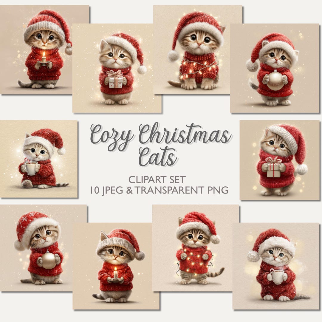 Cozy Christmas Cat Clipart Set, Cute Holiday Kitten Drawing PNG ...