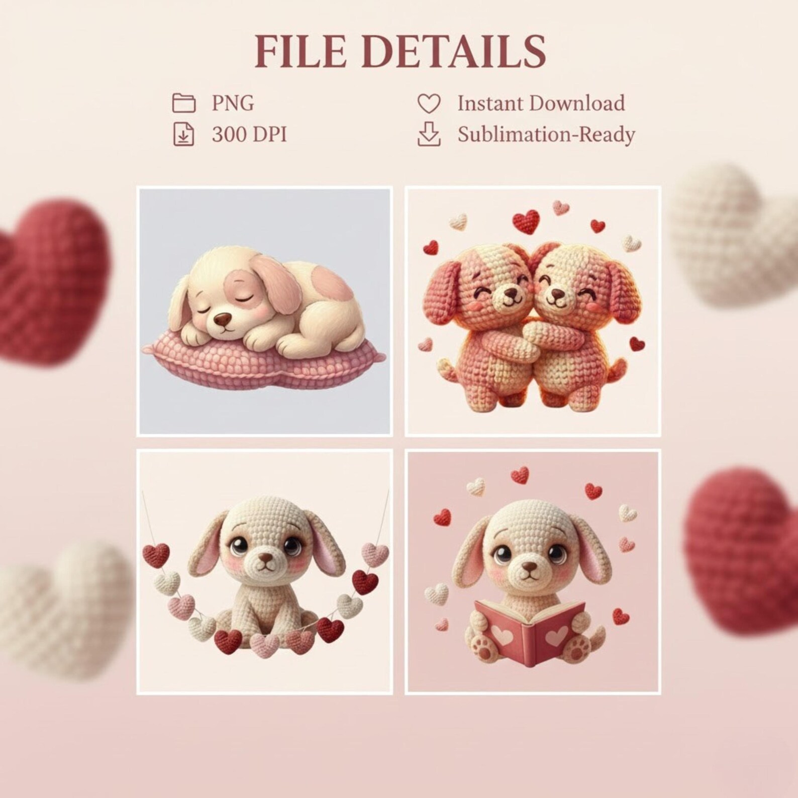 Plush Puppy Valentine PNG Bundle, Cute Puppy Valentine Clipart, Faux ...