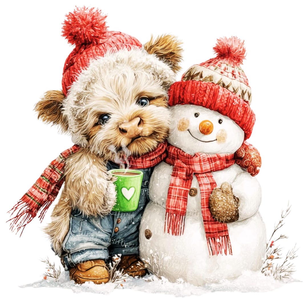 Watercolor Highland Cow Snowman PNG Clipart Bundle (digital Download ...