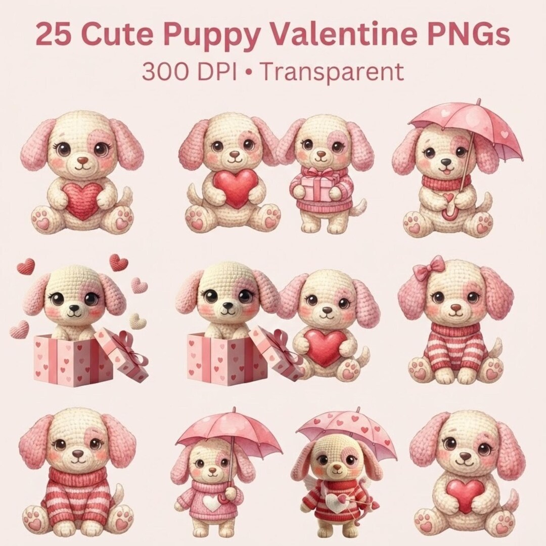 Plush Puppy Valentine PNG Bundle, Cute Puppy Valentine Clipart, Faux ...