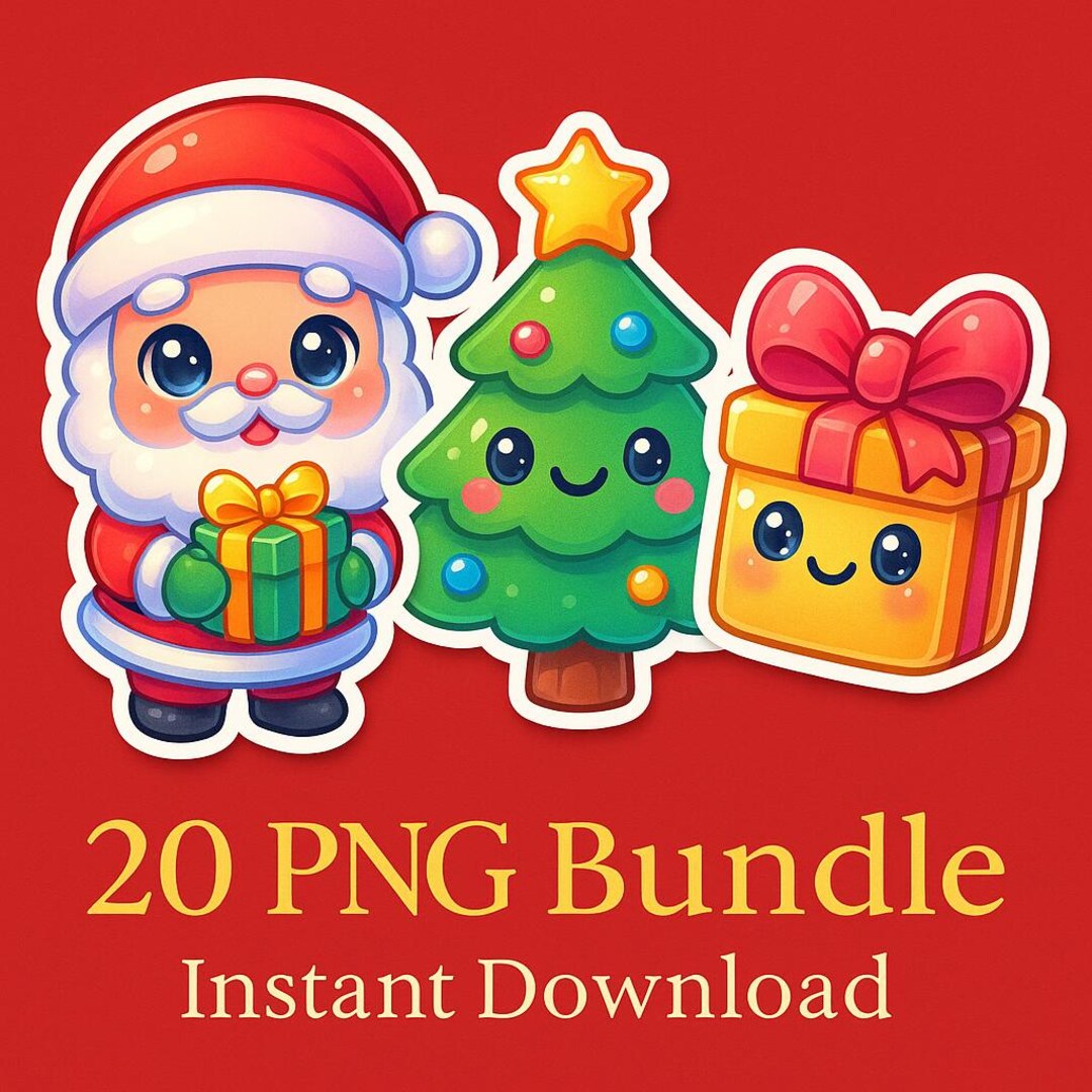 Kawaii Christmas Clipart Bundle | 20 PNG Stickers | Cute Santa Reindeer ...