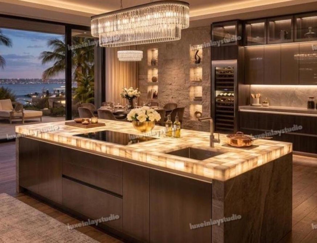 Backlit Onyx Kitchen Island Countertop: Custom Natural Stone Breakfast ...