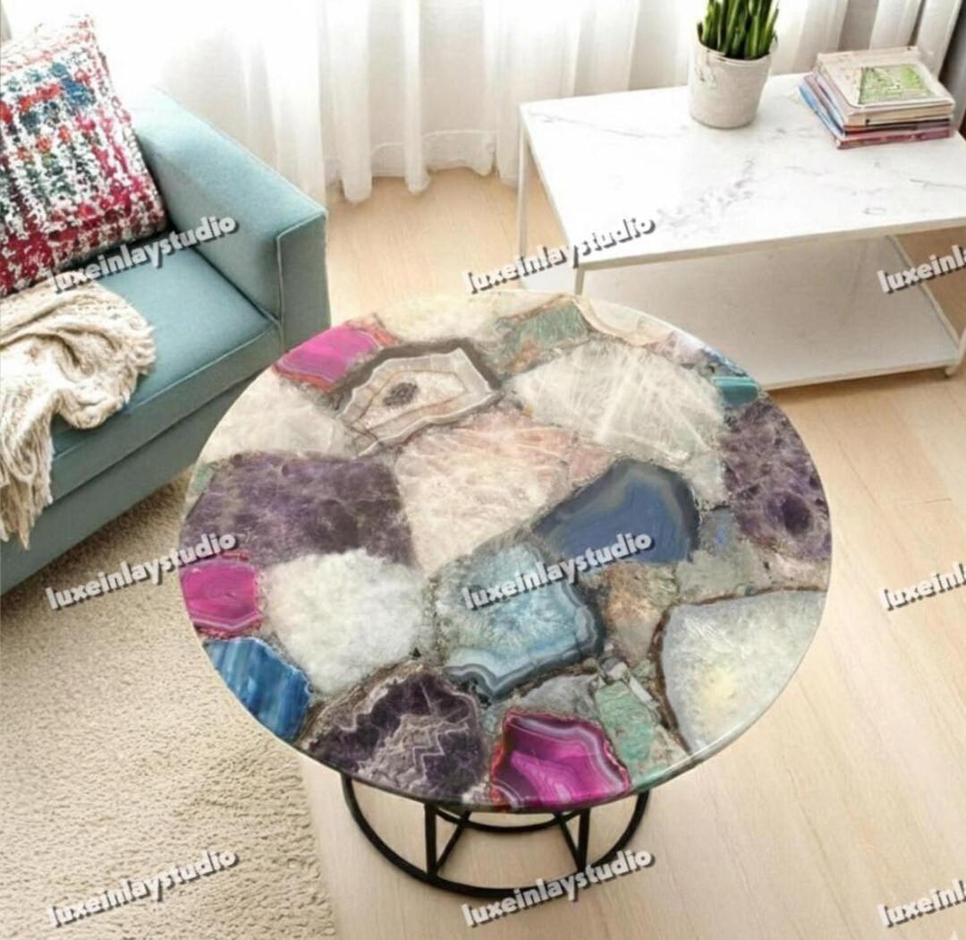 Handcrafted Agate Slice Coffee Table: Colorful Gemstone Inlay, Bespoke ...