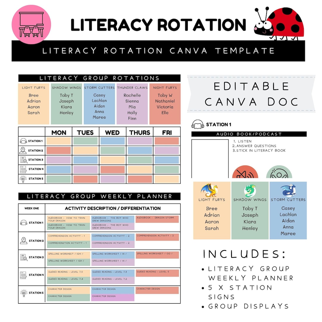 Dragon Themed Literacy Rotation Planning Template: Editable Canva Doc ...