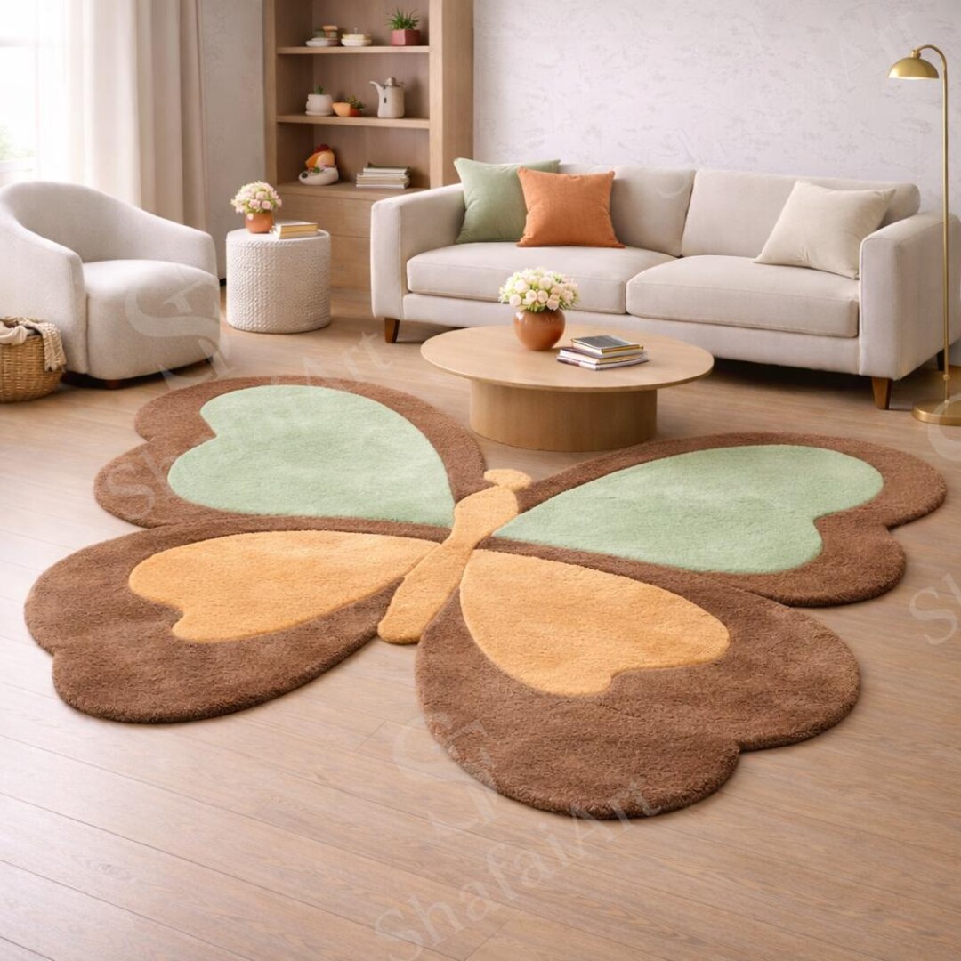 Hand Tufted Wool Butterfly Rug | Brown Green Sculpted Artistic Carpet ...