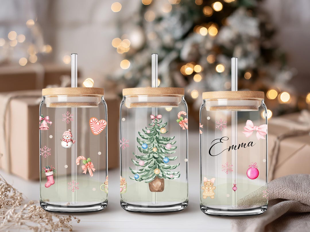 Watercolor Christmas Tree Sipper Glass | 16oz Holiday Pattern ...