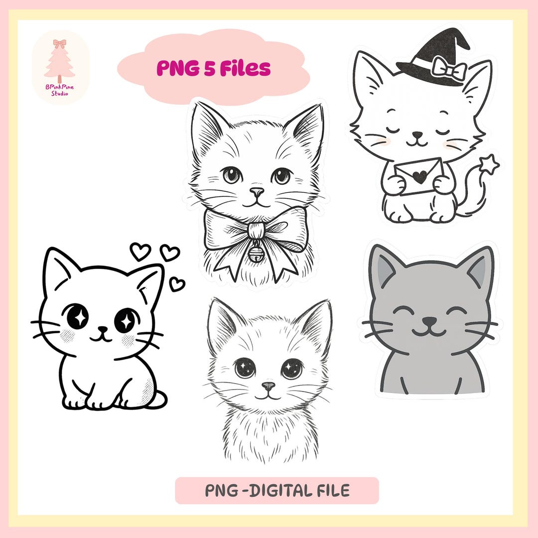 Kawaii Cat Line Art PNG Bundle | 5 Kitty Clipart for Sublimation ...