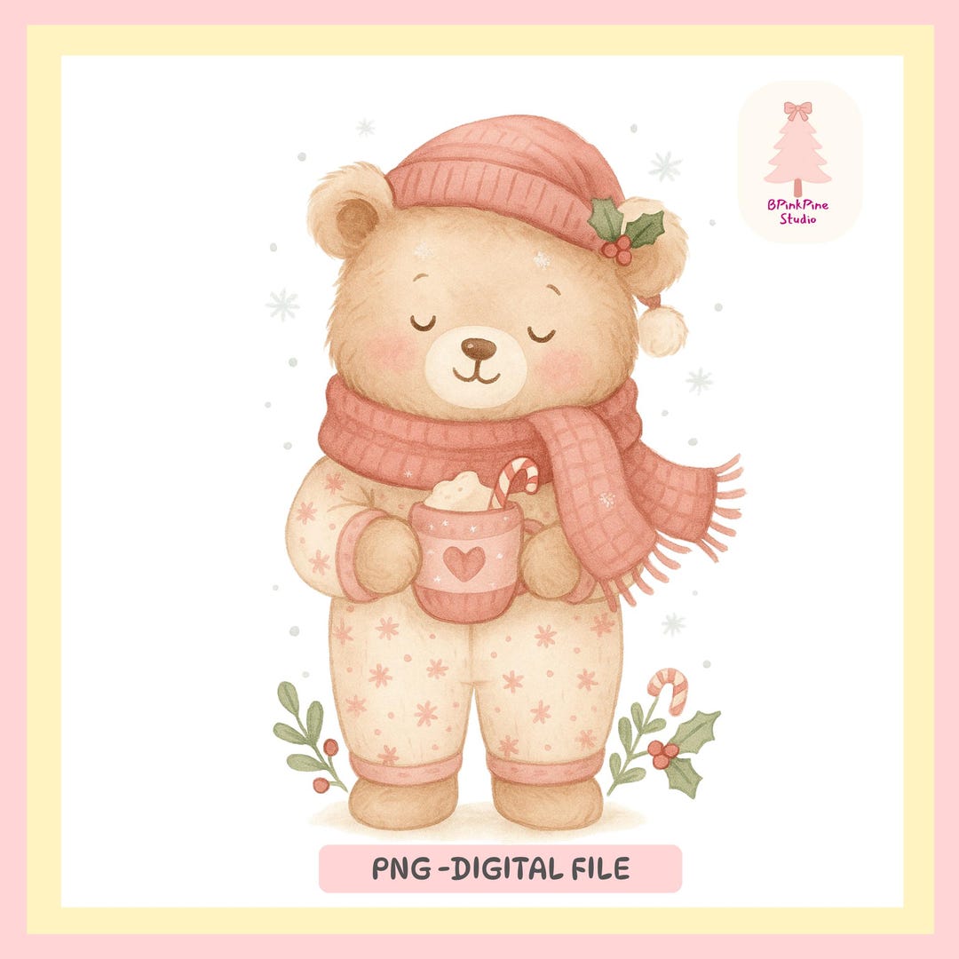 Christmas Teddy Bear Clipart | Hot Cocoa, Candy Cane (PNG Digital ...