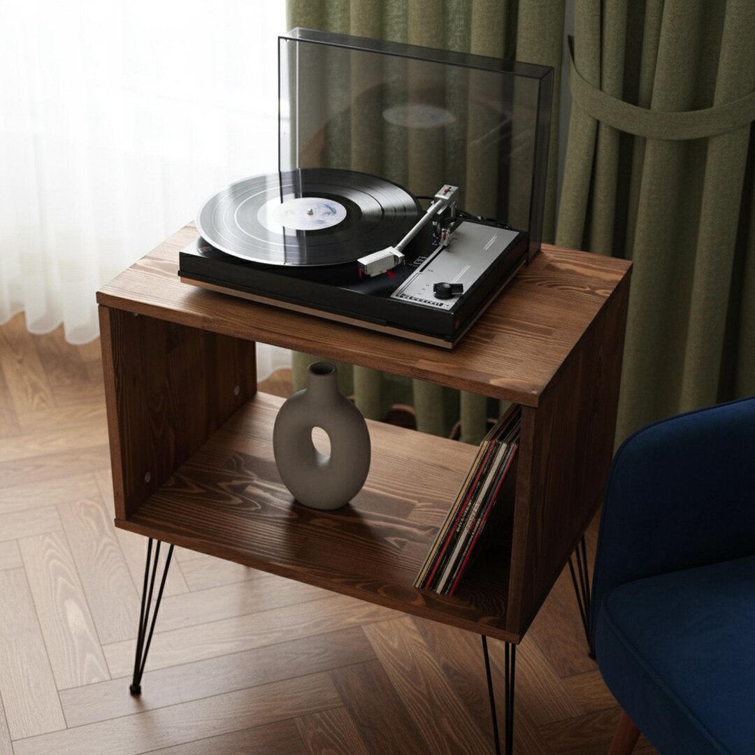 Mid Century Wooden Record Player Stand With Vinyl Record Storage ...