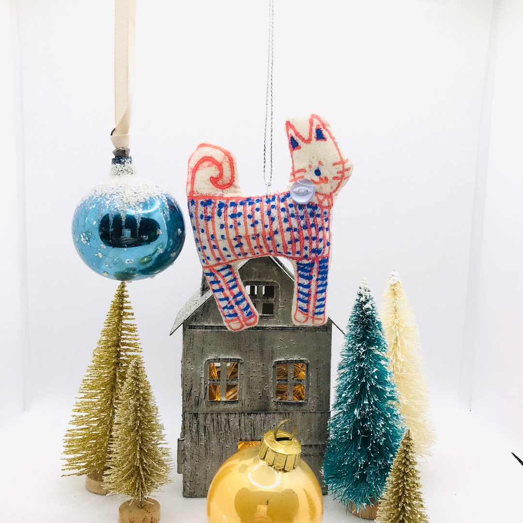 Little Handmade Cat Hanging Decoration Handprinted Dangling Cat With A Vintage Button